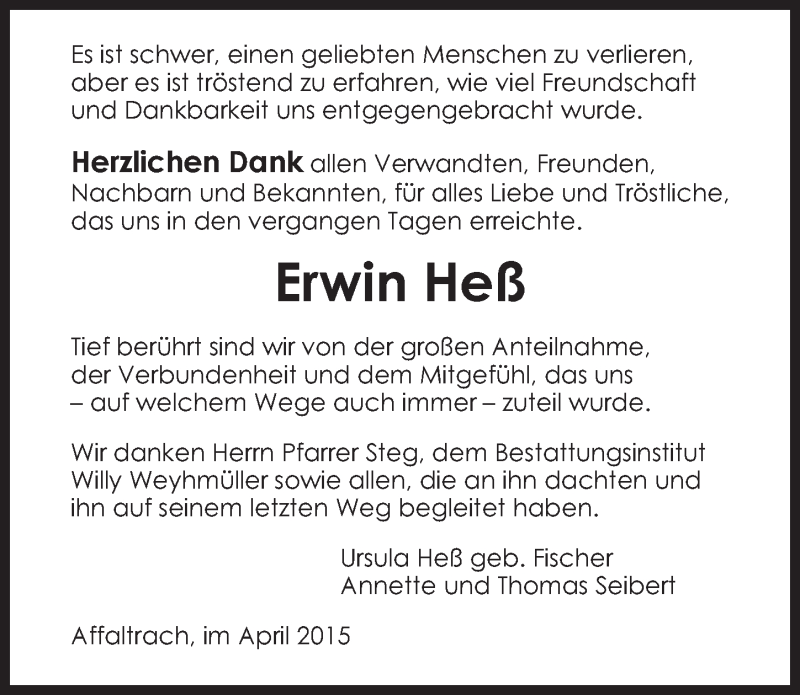 Traueranzeigen von Erwin Heß | www.trauerundgedenken.de