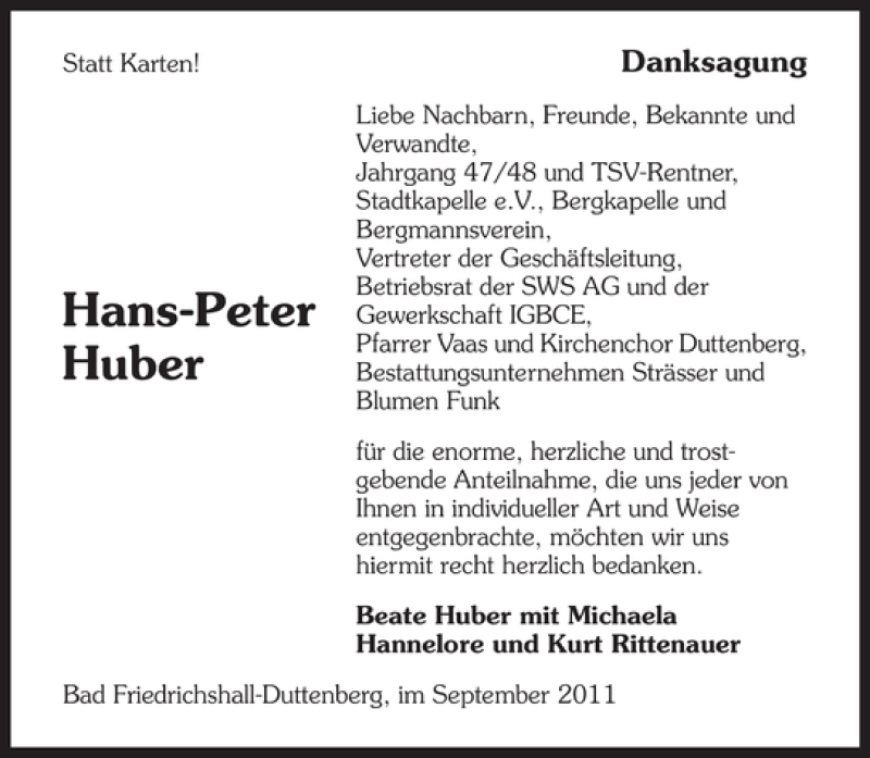 Traueranzeigen von Hans-Peter Huber | www.trauerundgedenken.de
