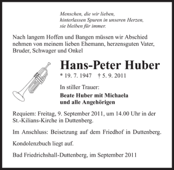 Traueranzeigen von Hans-Peter Huber | www.trauerundgedenken.de