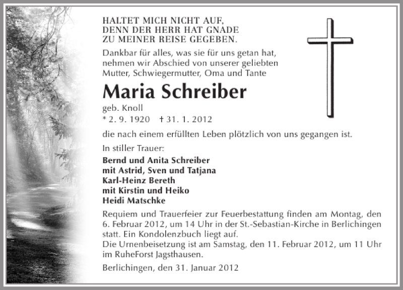 Traueranzeigen von Maria Schreiber | www.trauerundgedenken.de