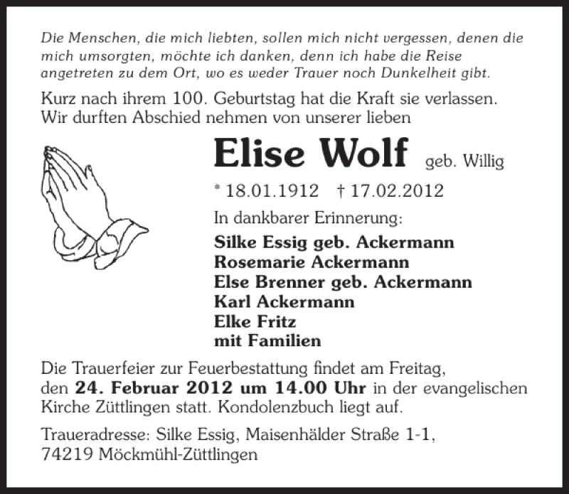 Traueranzeigen von Elise Wolf | www.trauerundgedenken.de