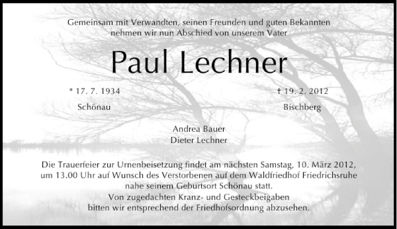 Traueranzeigen von Paul Lechner | www.trauerundgedenken.de
