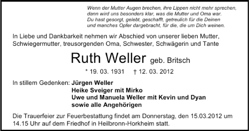 Traueranzeigen von Ruth Weller | www.trauerundgedenken.de