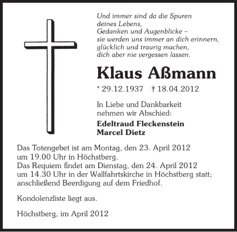 Traueranzeigen von Klaus Aßmann | www.trauerundgedenken.de