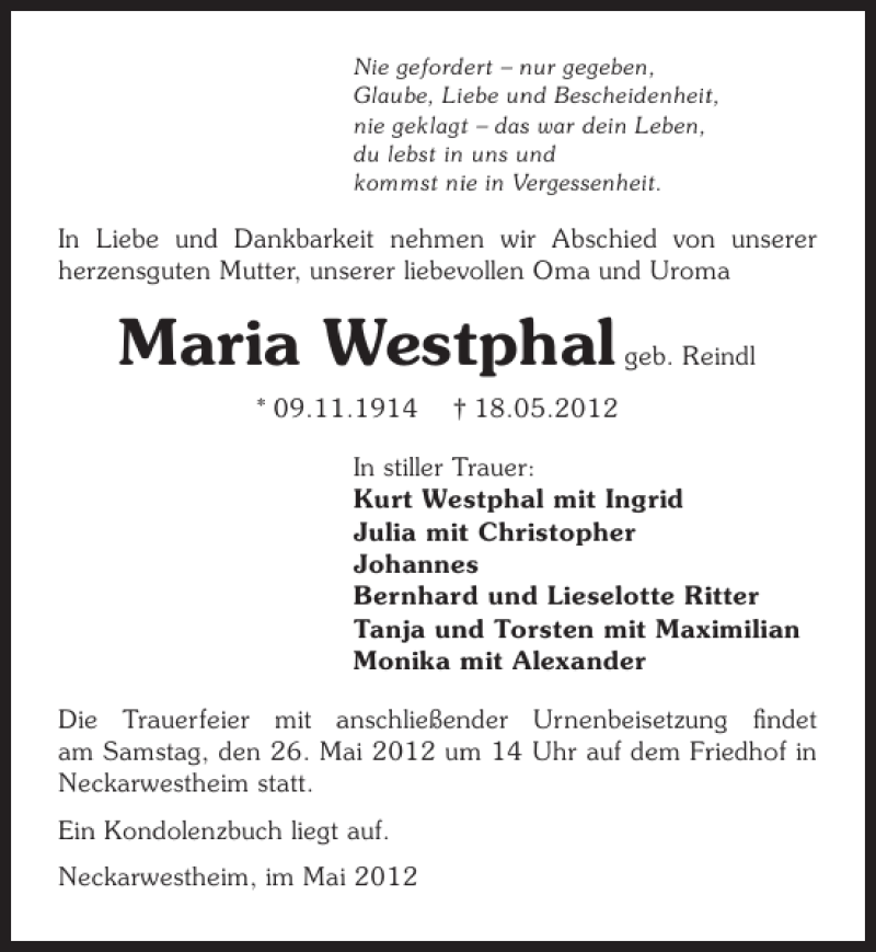 Traueranzeigen von Maria Westphal | www.trauerundgedenken.de