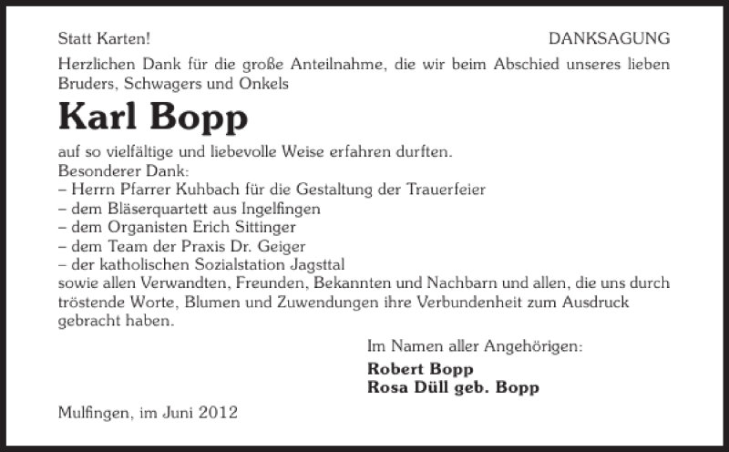 Traueranzeigen von Bopp Karl | www.trauerundgedenken.de