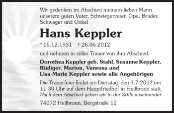 Traueranzeigen von Hans Keppler | www.trauerundgedenken.de
