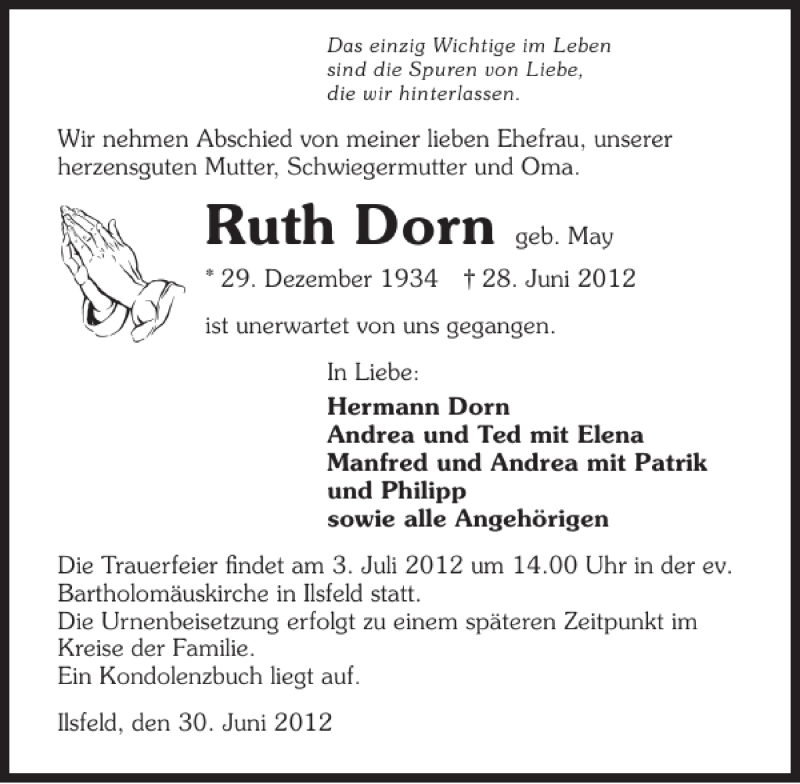 Traueranzeigen von Ruth Dorn | www.trauerundgedenken.de