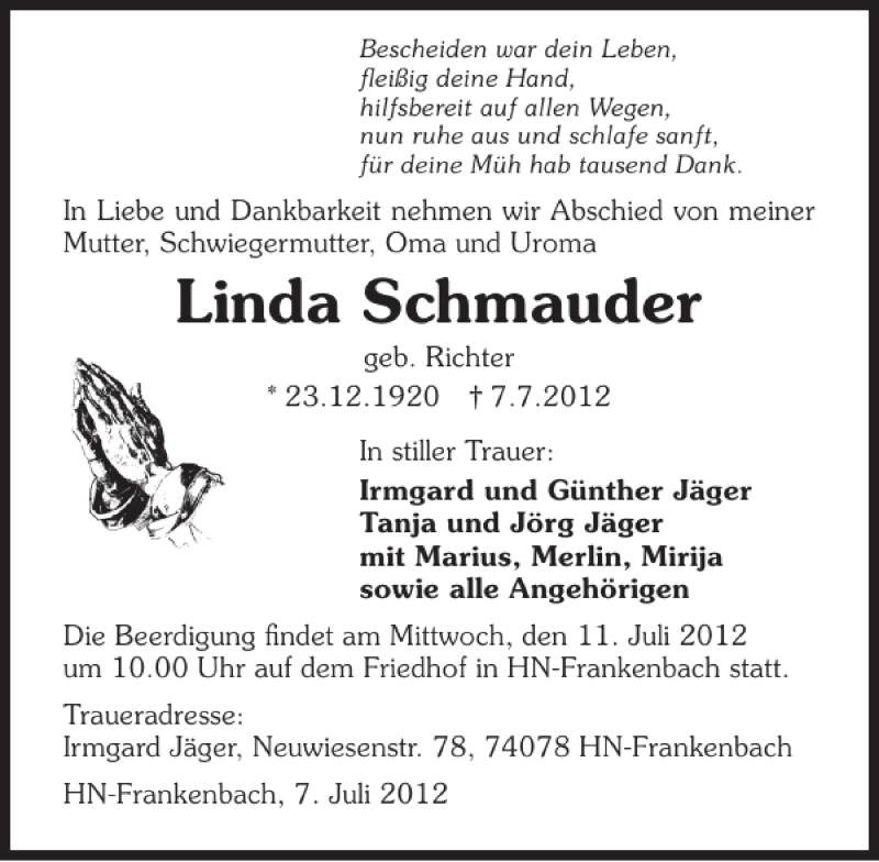 Traueranzeigen von Linda Schmauder | www.trauerundgedenken.de