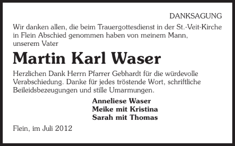 Traueranzeigen von Martin Karl Waser | www.trauerundgedenken.de