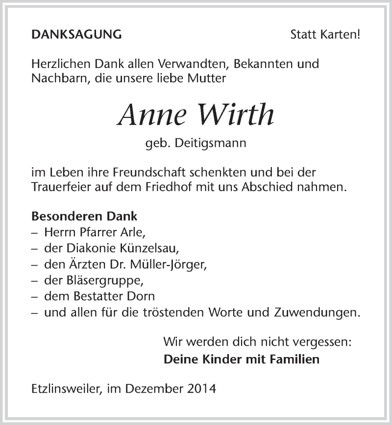 Traueranzeigen von Anne Wirth | www.trauerundgedenken.de