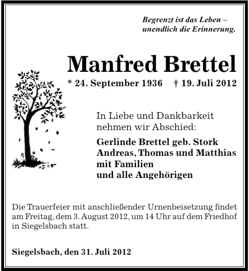 Traueranzeigen von Manfred Brettel | www.trauerundgedenken.de