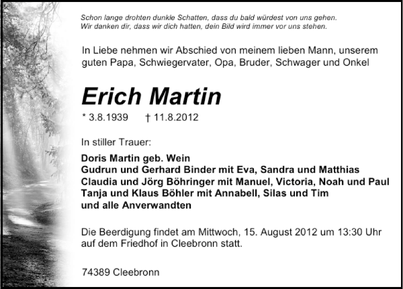 Traueranzeigen von Erich Martin | www.trauerundgedenken.de