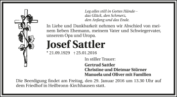 Traueranzeigen von Josef Sattler | www.trauerundgedenken.de