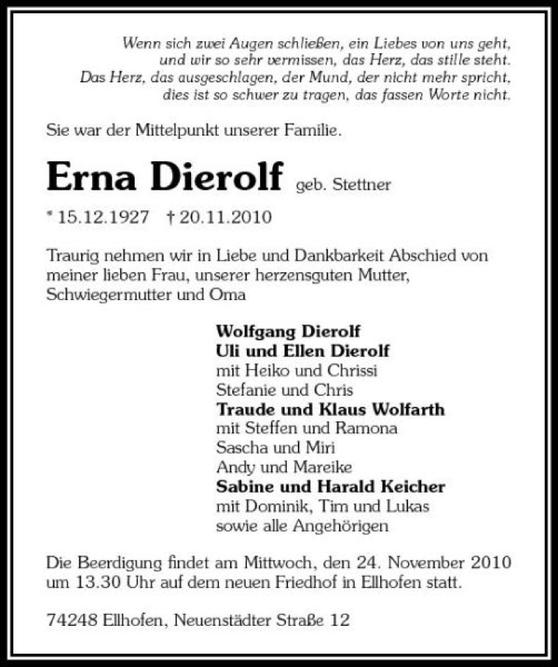 Traueranzeigen von Erna Dierolf | www.trauerundgedenken.de