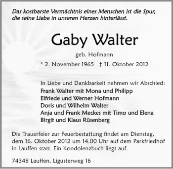Traueranzeigen von Gaby Walter | www.trauerundgedenken.de