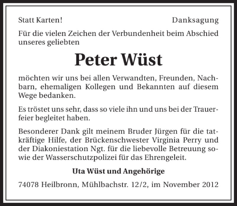 Traueranzeigen von Peter Wüst | www.trauerundgedenken.de