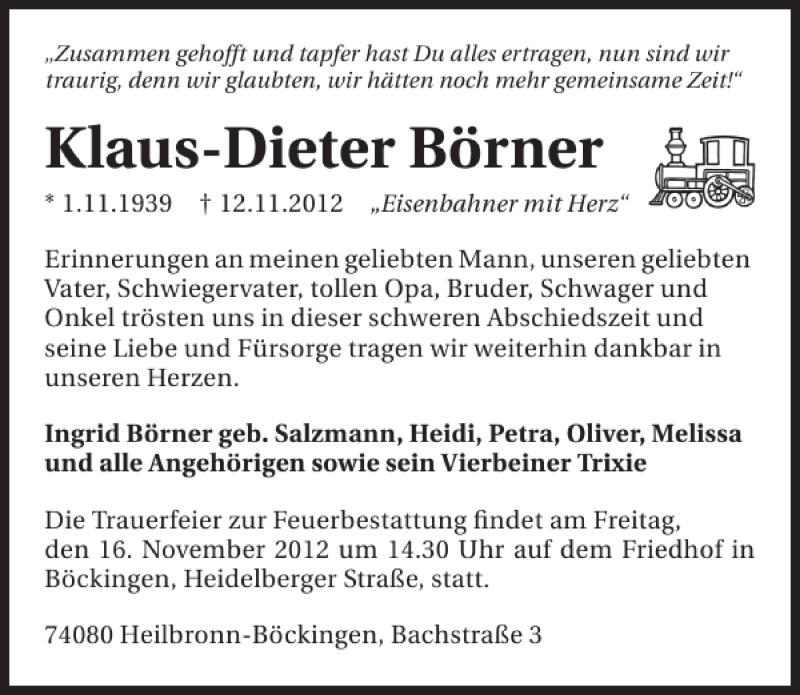 Traueranzeigen von Klaus-Dieter Börner | www.trauerundgedenken.de