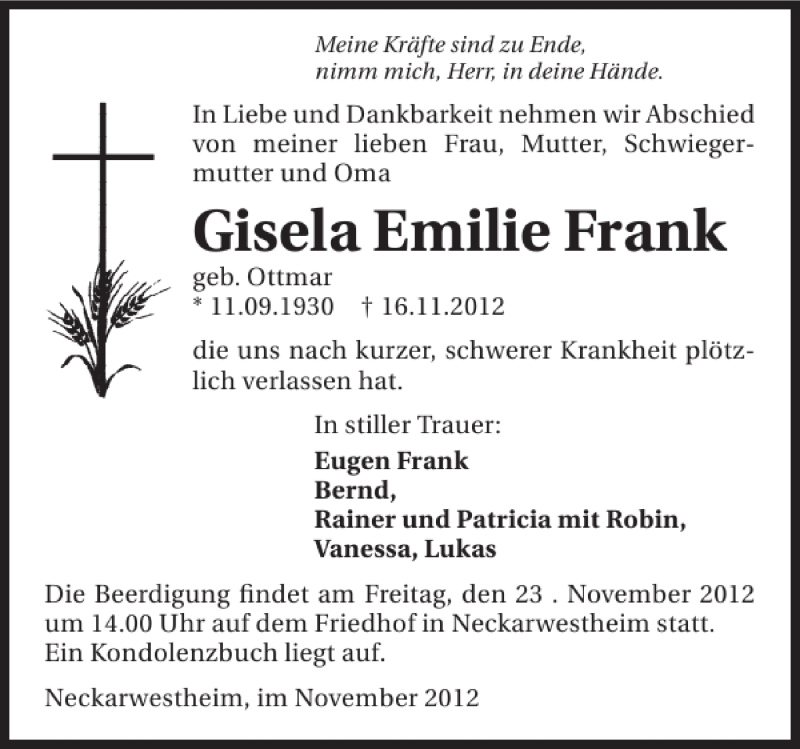 Traueranzeigen von Gisela Emilie Frank | www.trauerundgedenken.de