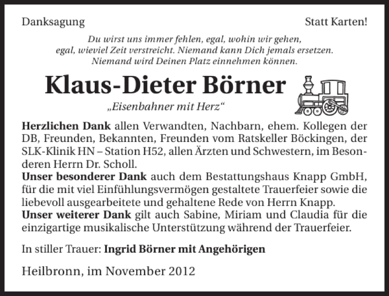 Traueranzeigen von Klaus-Dieter Börner | www.trauerundgedenken.de