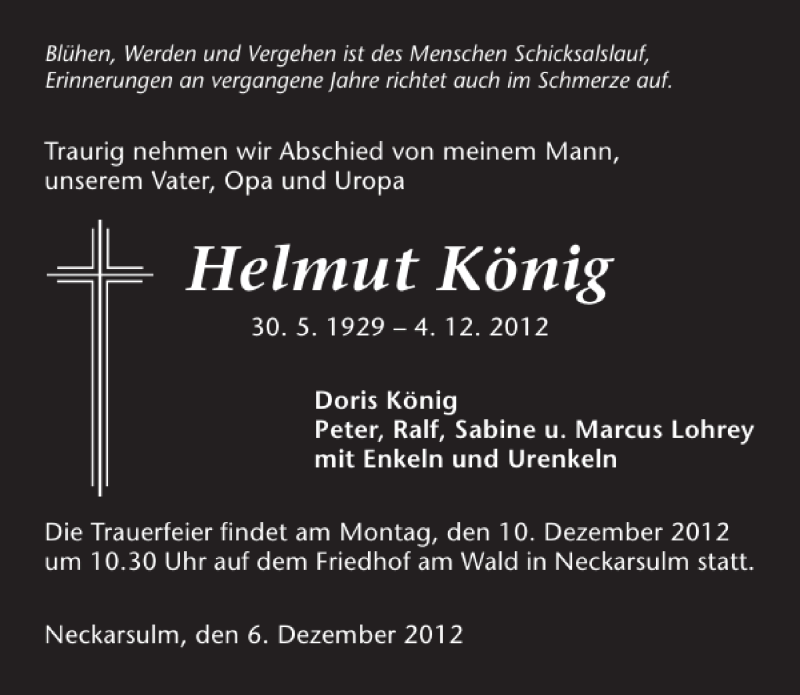 Traueranzeigen von Helmut König | www.trauerundgedenken.de