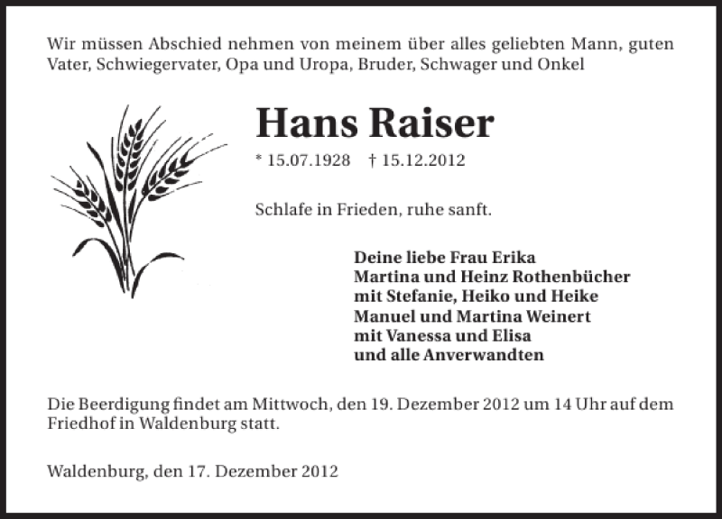 Traueranzeigen von Hans Raiser | www.trauerundgedenken.de
