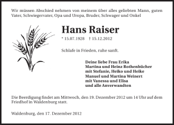 Traueranzeigen von Hans Raiser | www.trauerundgedenken.de