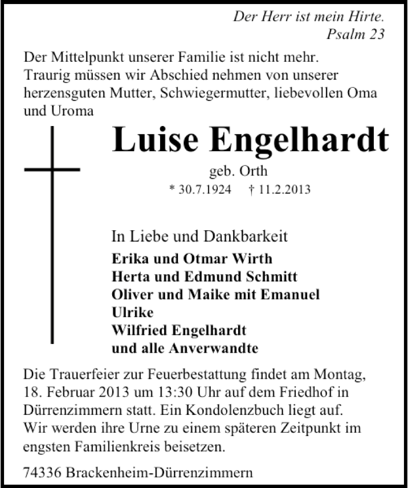 Traueranzeigen von Luise Engelhardt | www.trauerundgedenken.de