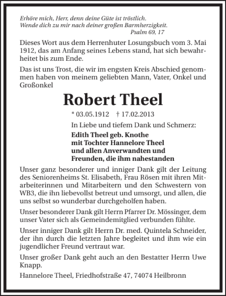 Traueranzeigen von Robert Theel | www.trauerundgedenken.de