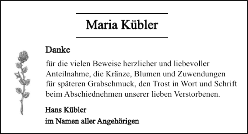 Traueranzeigen von Maria Kübler | www.trauerundgedenken.de