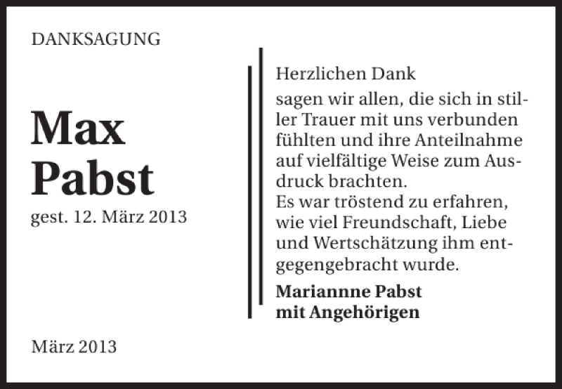 Traueranzeigen von Max Pabst | www.trauerundgedenken.de