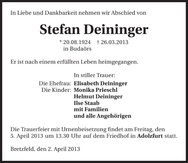 Traueranzeigen von Stefan Deininger | www.trauerundgedenken.de