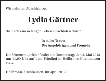 Traueranzeigen von Lydia Gärtner | www.trauerundgedenken.de