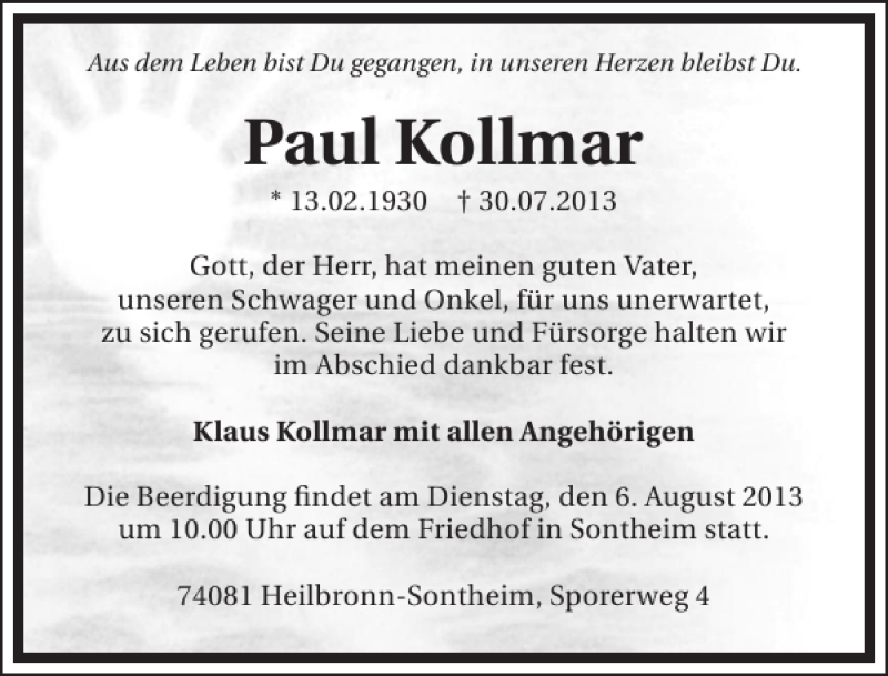 Traueranzeigen von Paul Kollmar | www.trauerundgedenken.de