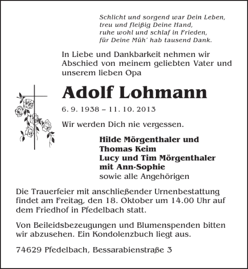 Traueranzeigen von Adolf Lohmann | www.trauerundgedenken.de