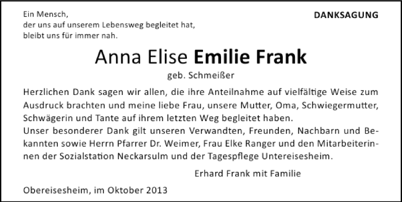 Traueranzeigen von Anna Elise Emilie Frank | www.trauerundgedenken.de