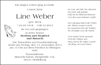 Traueranzeigen von Lina Weber | www.trauerundgedenken.de