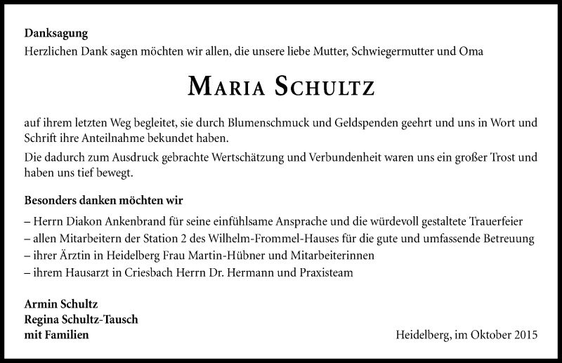 Traueranzeigen von Maria Schultz | www.trauerundgedenken.de