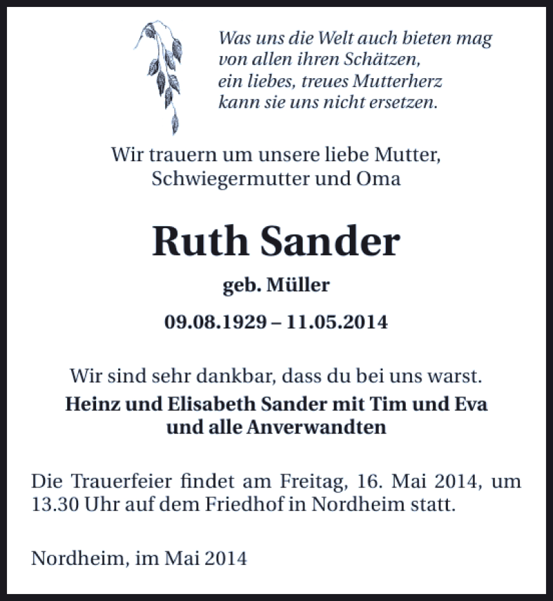 Traueranzeigen von Ruth Sander | www.trauerundgedenken.de