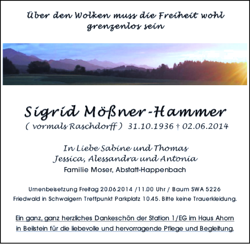 Traueranzeigen von Sigrid Mößner-Hammer | www.trauerundgedenken.de