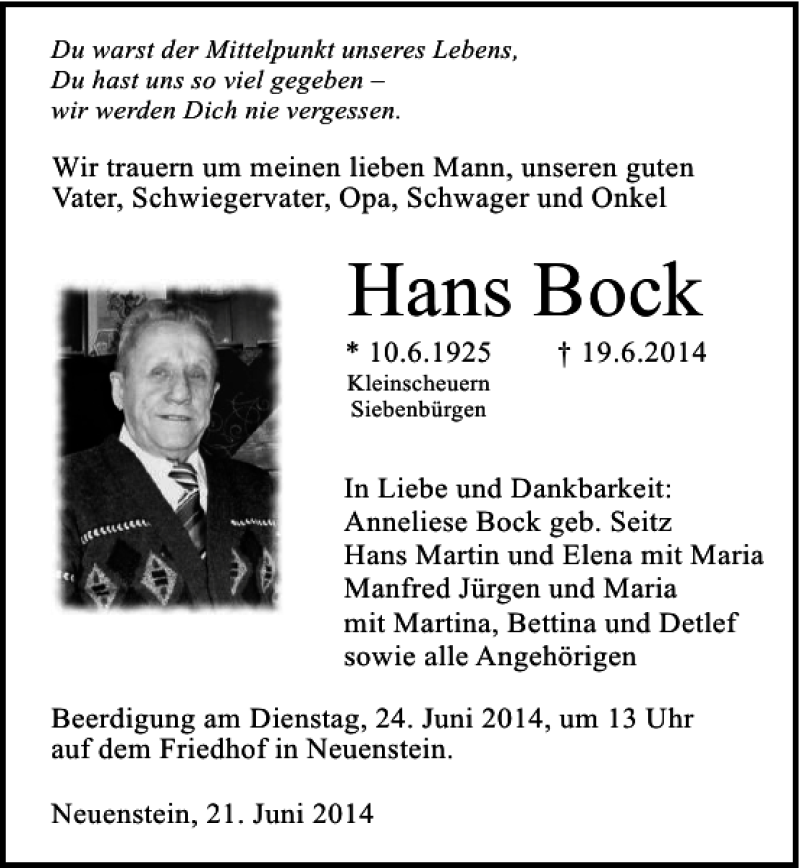 Traueranzeigen von Hans Bock | www.trauerundgedenken.de