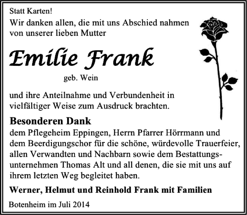 Traueranzeigen von Emilie Frank | www.trauerundgedenken.de