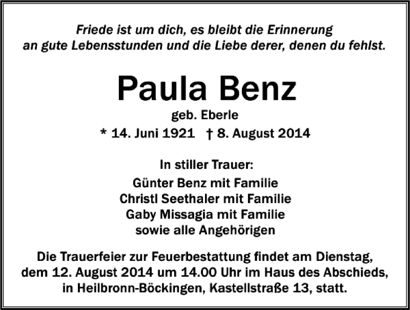 Traueranzeigen von Paula Benz | www.trauerundgedenken.de