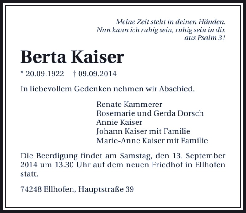 Traueranzeigen von Berta Kaiser | www.trauerundgedenken.de