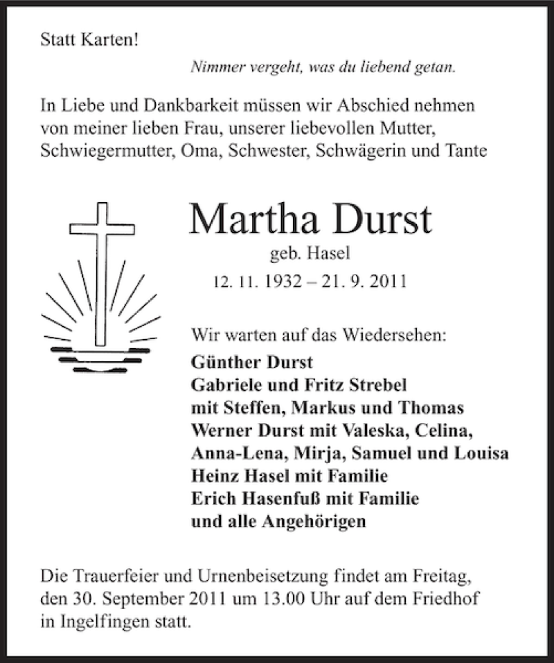 Traueranzeigen von Martha geb. Hasel Durst | www.trauerundgedenken.de