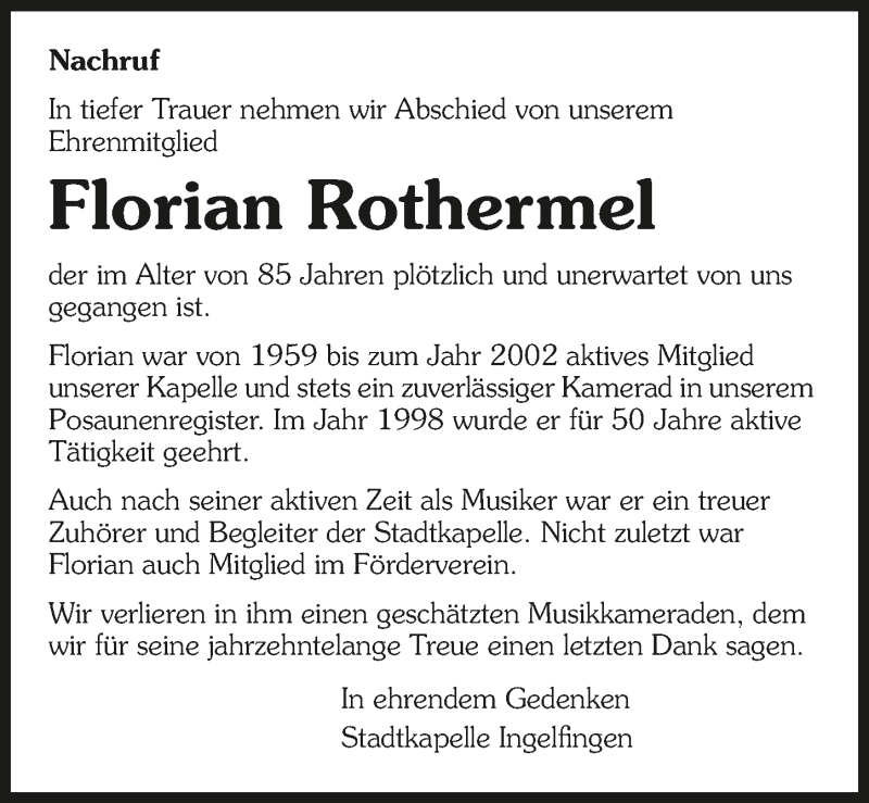 Traueranzeigen von Florian Rothermel | www.trauerundgedenken.de