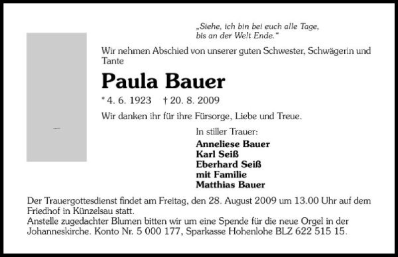 Traueranzeigen von Paula Bauer | www.trauerundgedenken.de