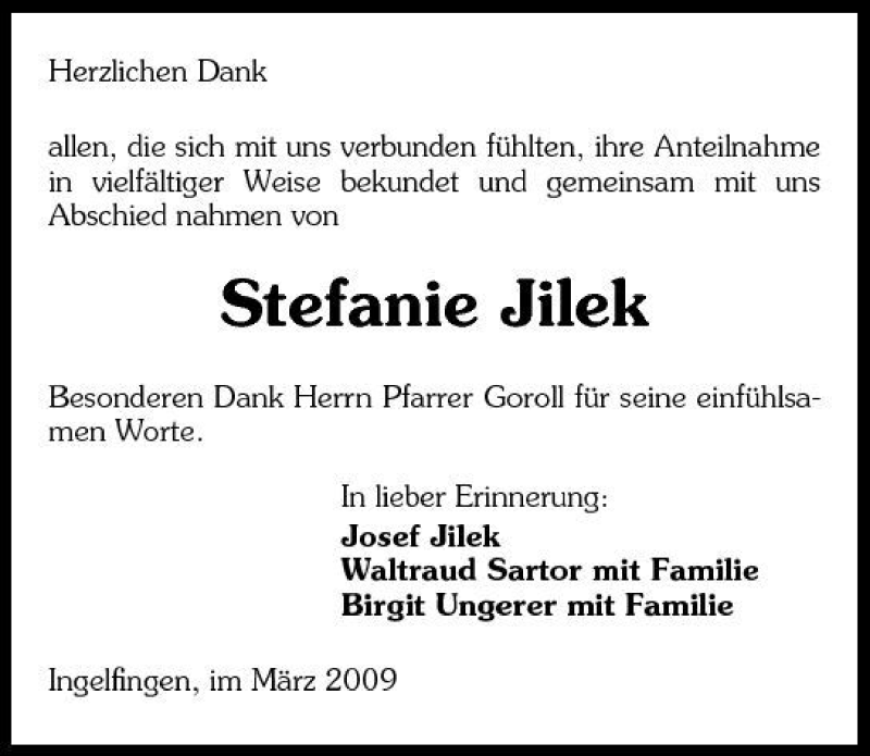 Traueranzeigen von Stefanie Jilek | www.trauerundgedenken.de
