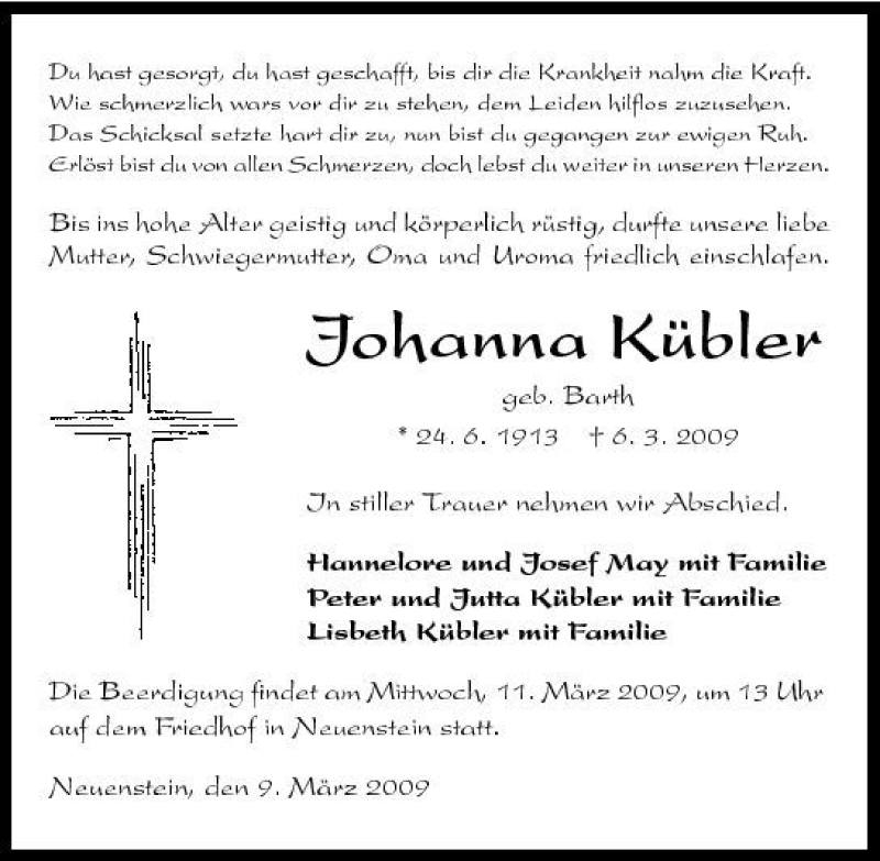 Traueranzeigen von Johanna Kübler | www.trauerundgedenken.de