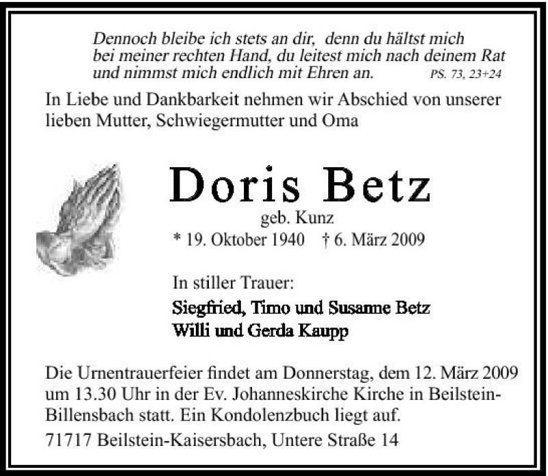Traueranzeigen von Doris Betz | www.trauerundgedenken.de